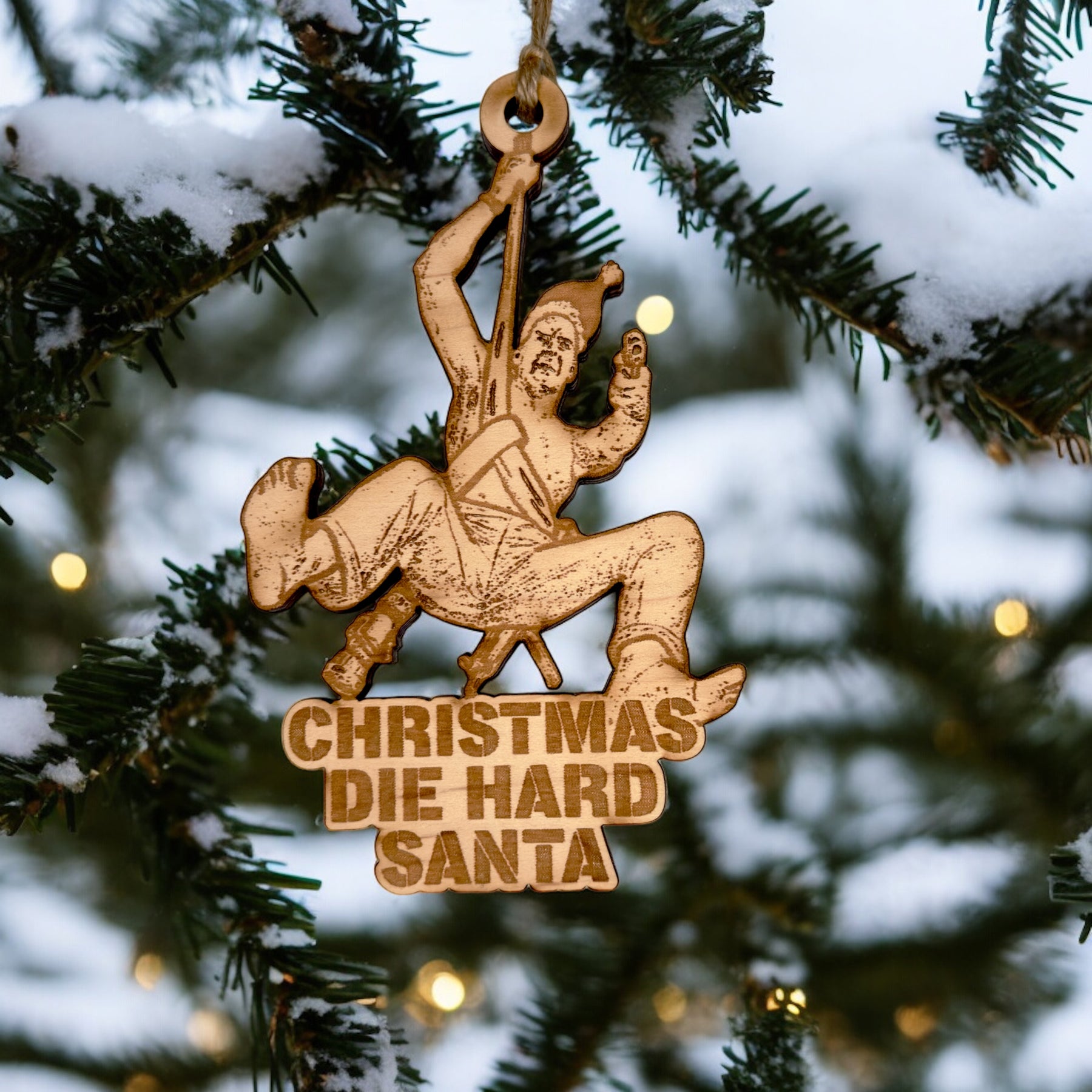 Ornament - Christmas Die Hard Santa - Raw Wood 4x3in – HipFlaskPlus
