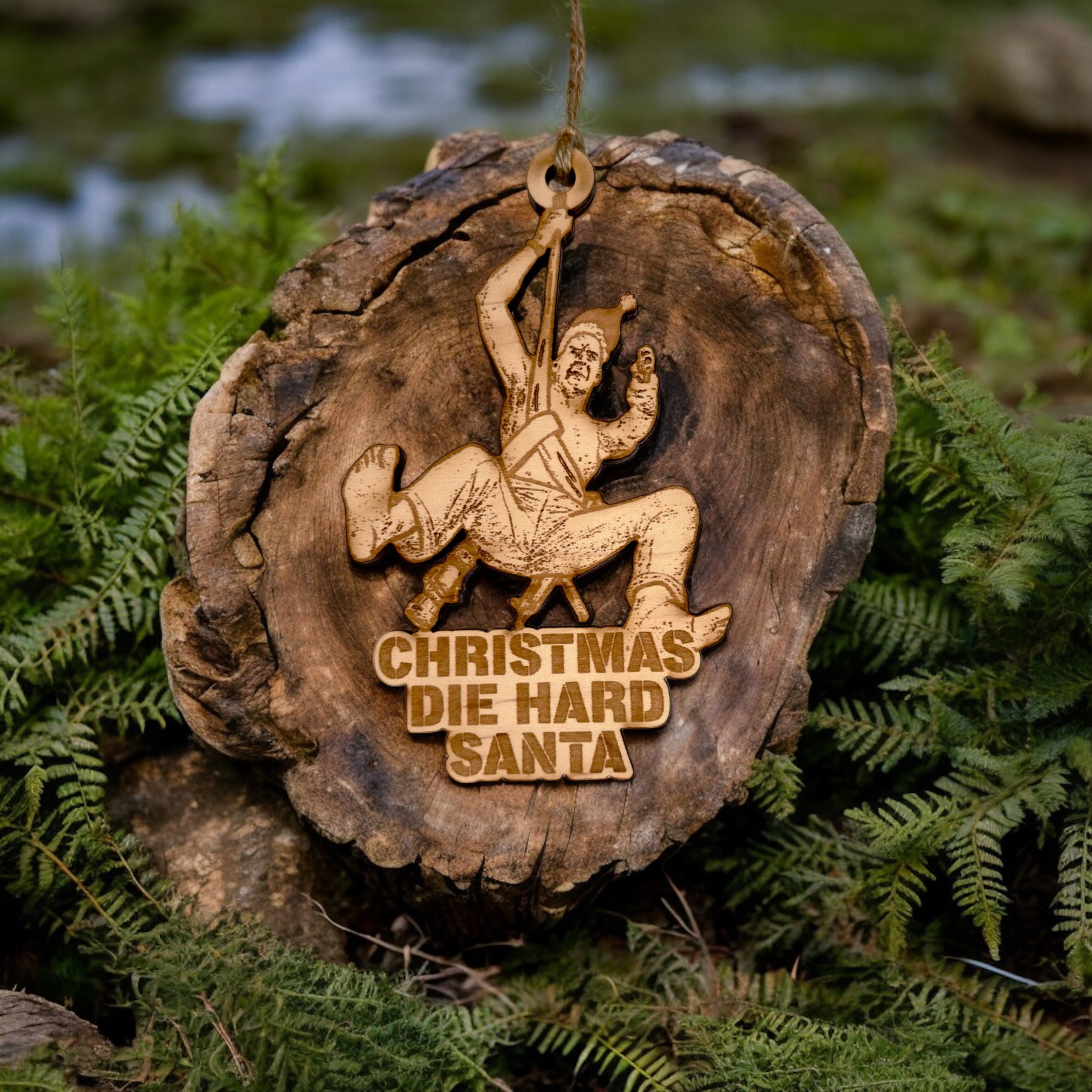 Ornament - Christmas Die Hard Santa - Raw Wood 4x3in – HipFlaskPlus