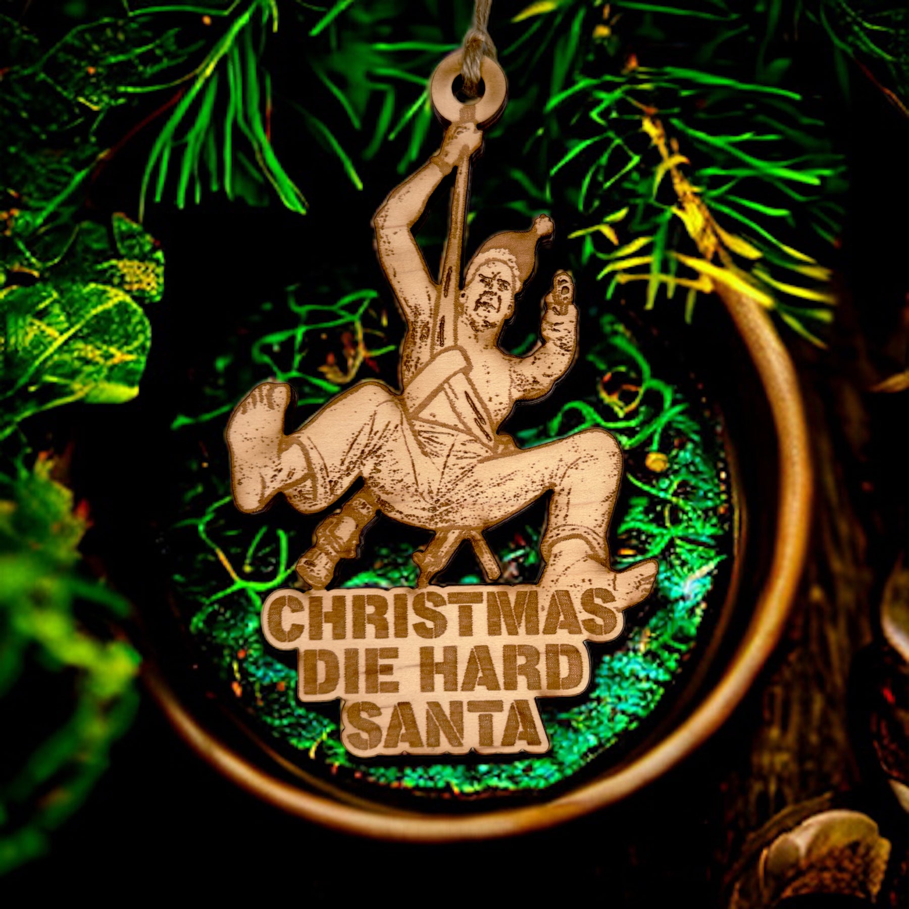 Ornament - Christmas Die Hard Santa - Raw Wood 4x3in – HipFlaskPlus