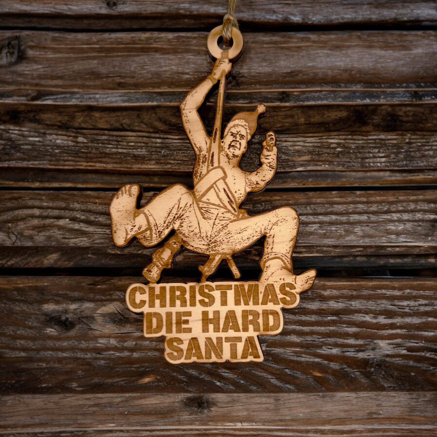 Ornament - Christmas Die Hard Santa - Raw Wood 4x3in – HipFlaskPlus