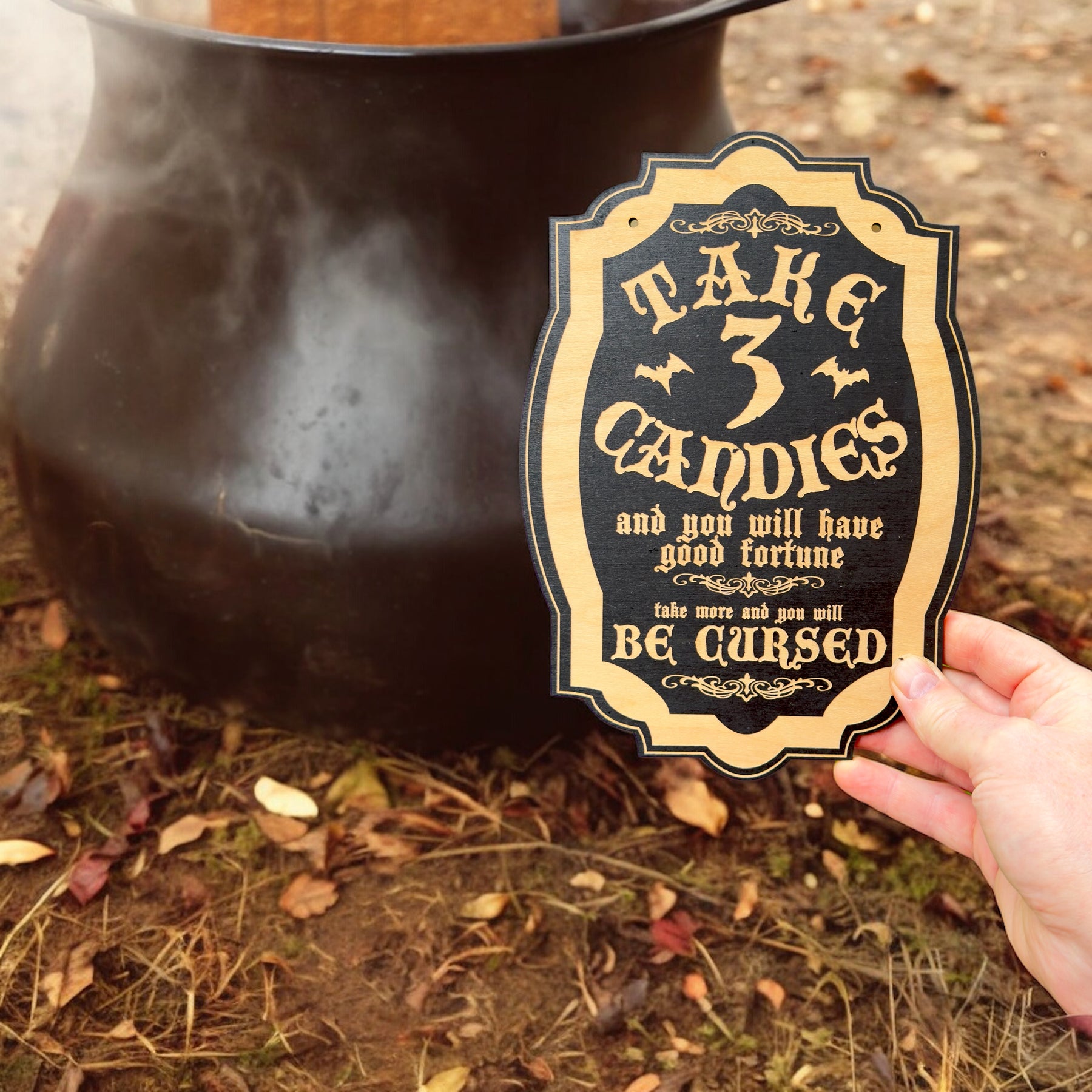Take 3 Candies or Be Cursed - Black Halloween Door Sign 10x7 – HipFlaskPlus