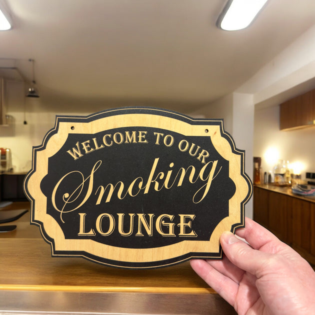 Welcome to Our Smoking Lounge - Black Door Sign 7x9.5in – HipFlaskPlus
