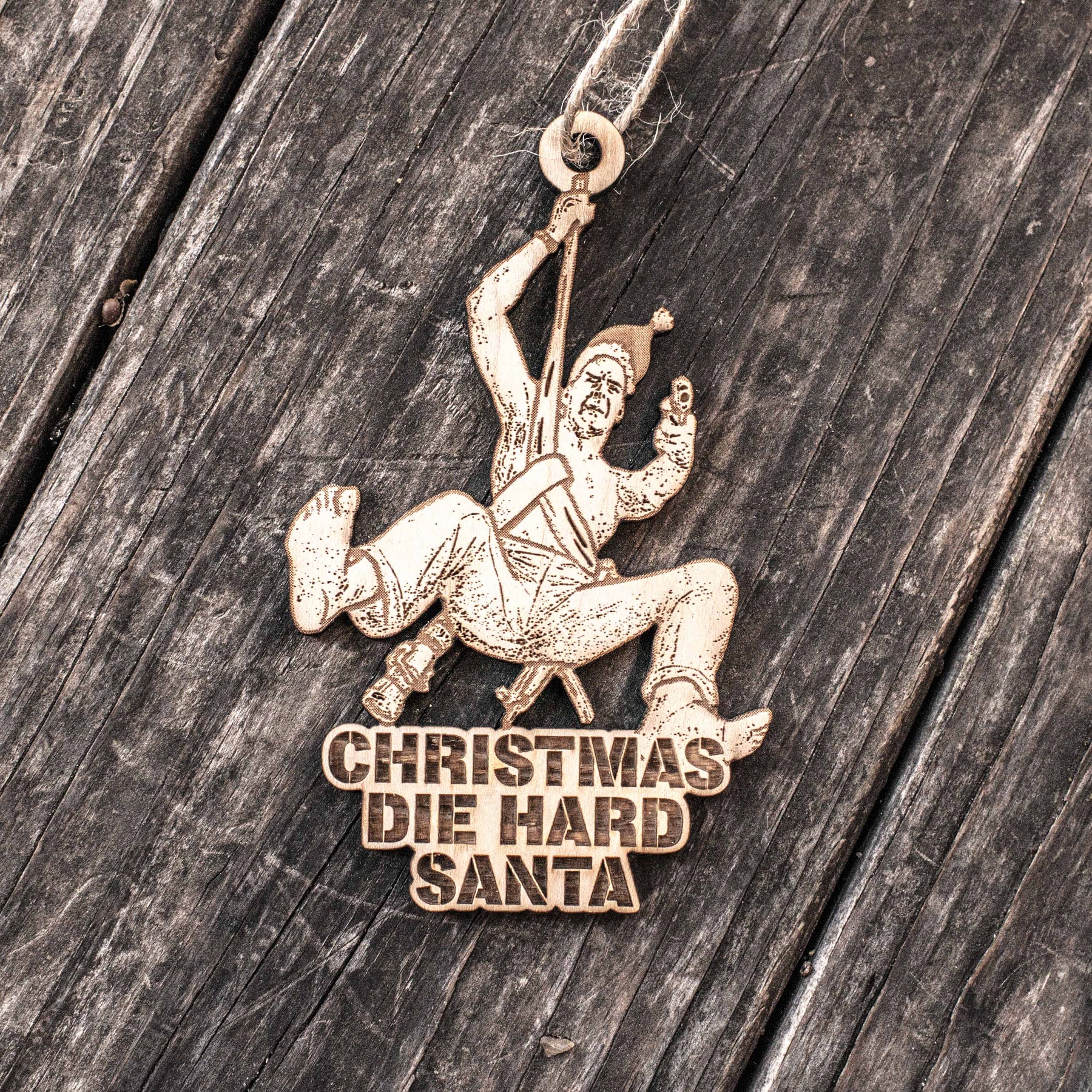 Ornament - Christmas Die Hard Santa - Raw Wood 4x3in – HipFlaskPlus