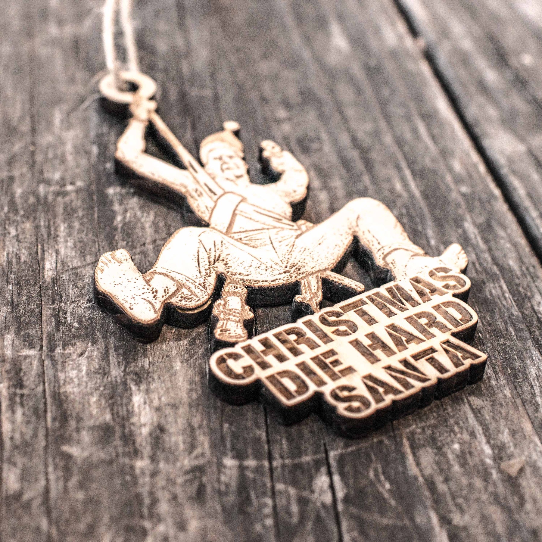 Ornament - Christmas Die Hard Santa - Raw Wood 4x3in – HipFlaskPlus
