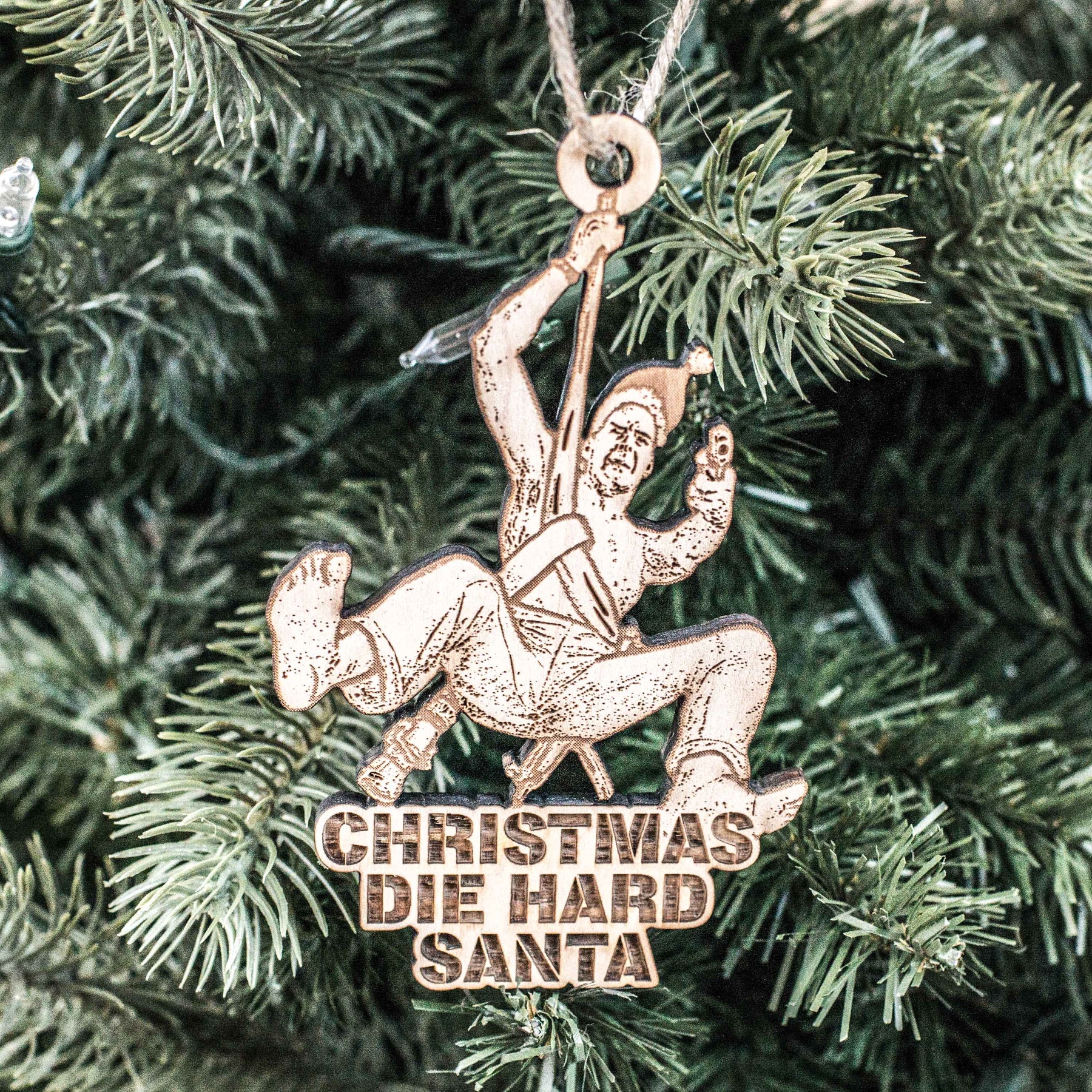 Ornament - Christmas Die Hard Santa - Raw Wood 4x3in – HipFlaskPlus