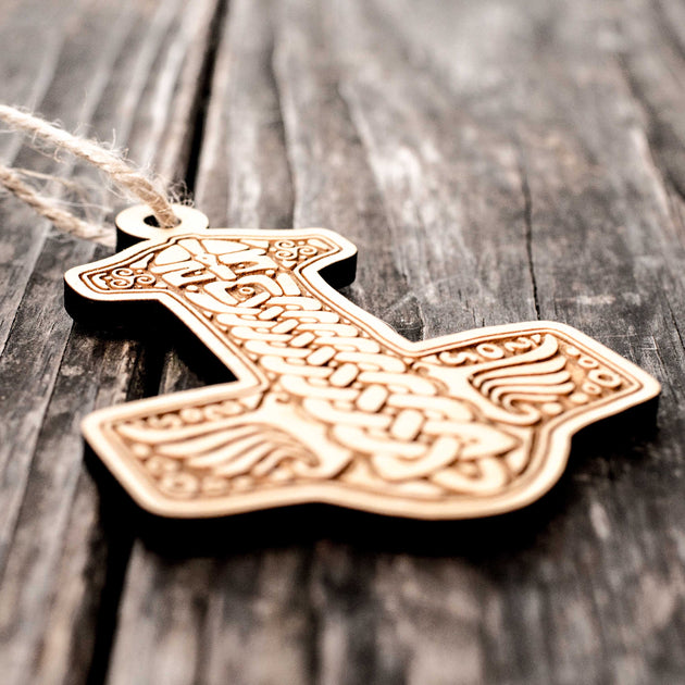 Ornament - Mjolnir - Raw Wood 3x4in – HipFlaskPlus